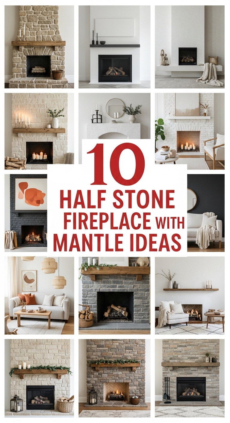 10 Half Stone Fireplace with Mantle Ideas - Cozy Nest Vibes